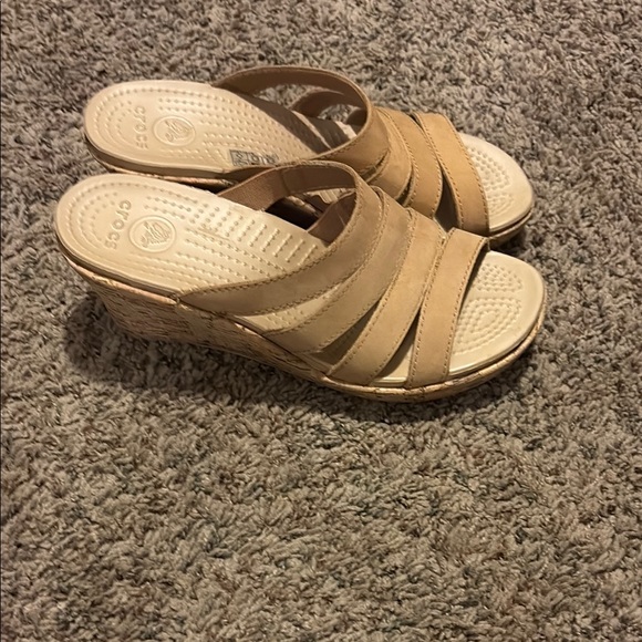 CROCS | Shoes | Crocs Tan Wedge Sandals | Poshmark